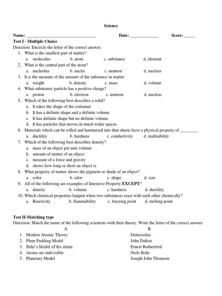 Science Name: - Date: - Score: - Test I - Multiple Choice | Download ...