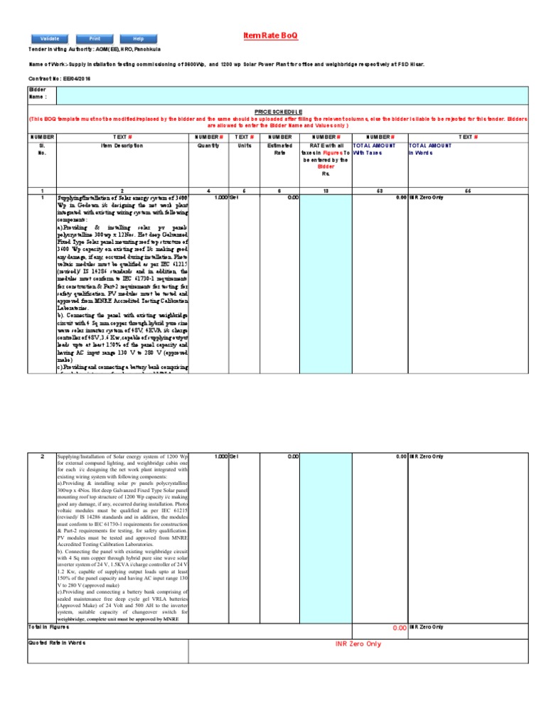 Item Rate Boq: Validate Print Help | PDF | Solar Panel | Power Inverter