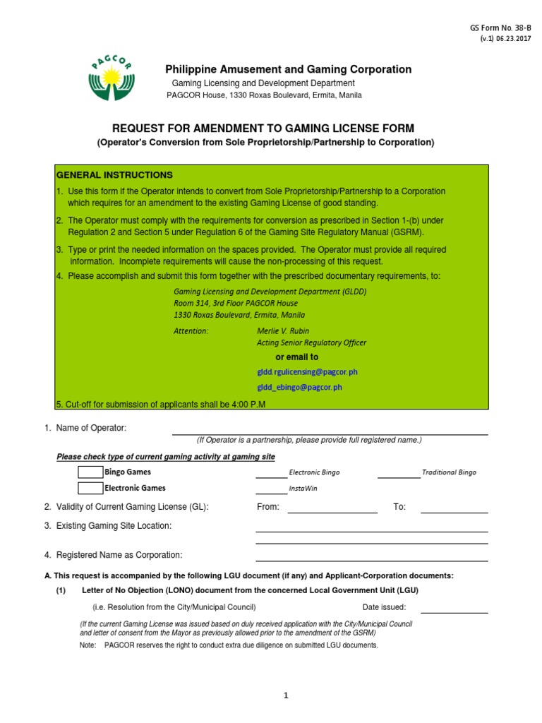 PAGCOR Form for Amending Gaming License to Corporation | PDF | Board Of ...