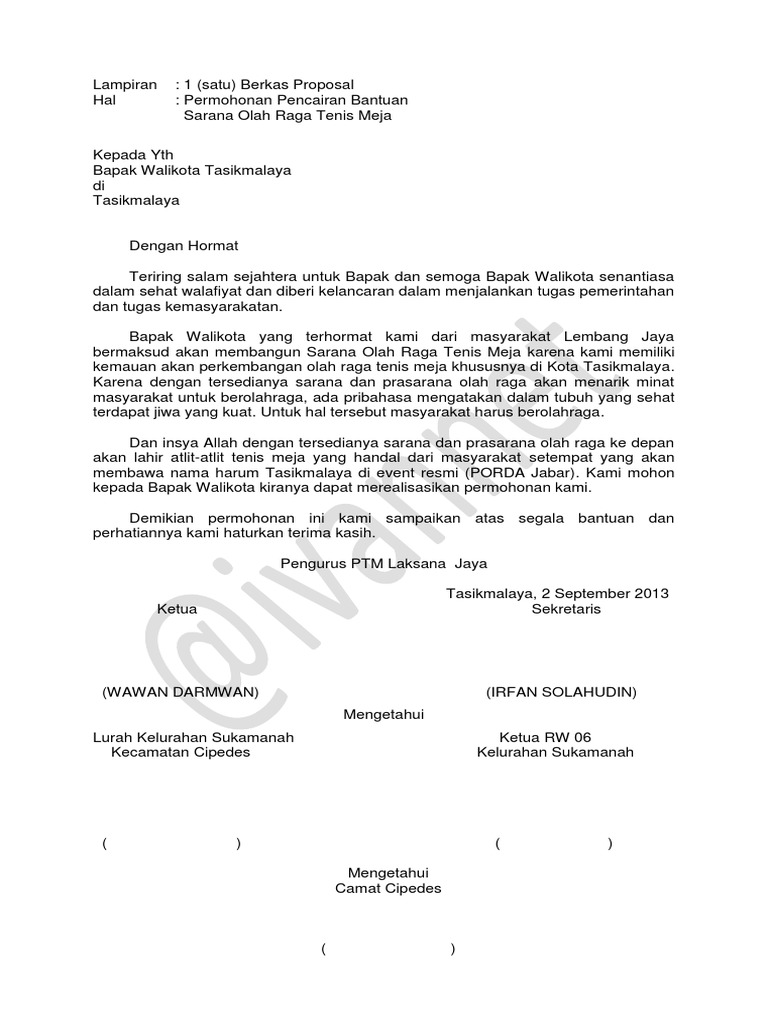 Proposal Permohonan Sarana Olah Raga Tenis Meja PDF | PDF
