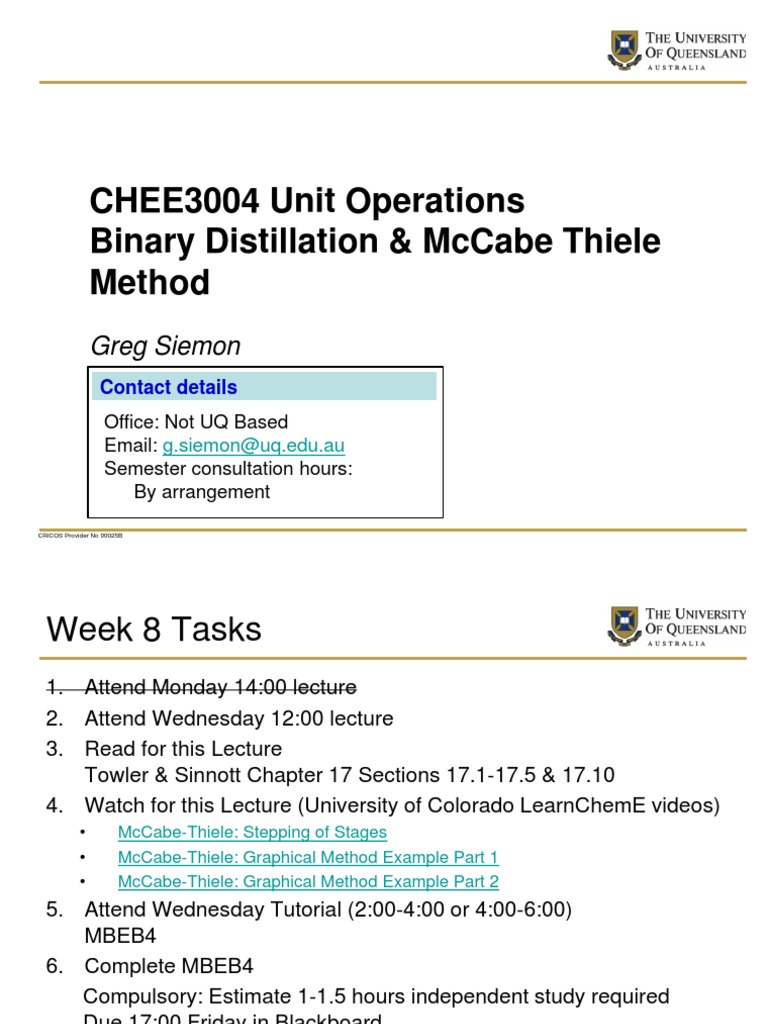 UQ 2012 - Week 8 Lecture 2 - Binary Distillation & McCabe Thiele Method | PDF | Distillation ...