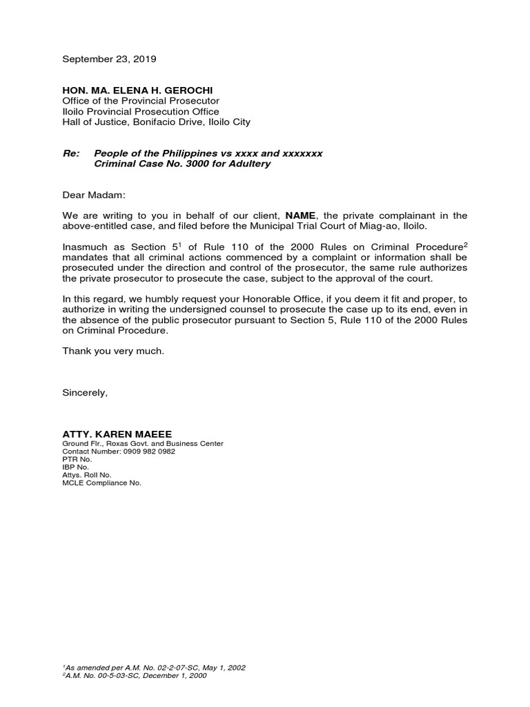 Letter-Request For Authority To Prosecute | PDF