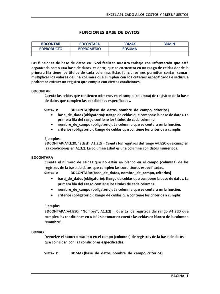 1 - Funciones Base de Datos - U4 PDF | PDF | Microsoft Excel | Bases de datos