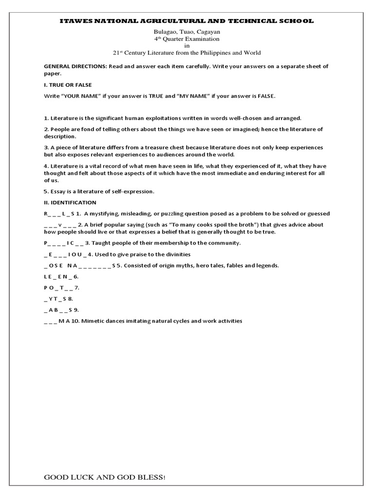 Itawes National Agricultural and Technical School | PDF