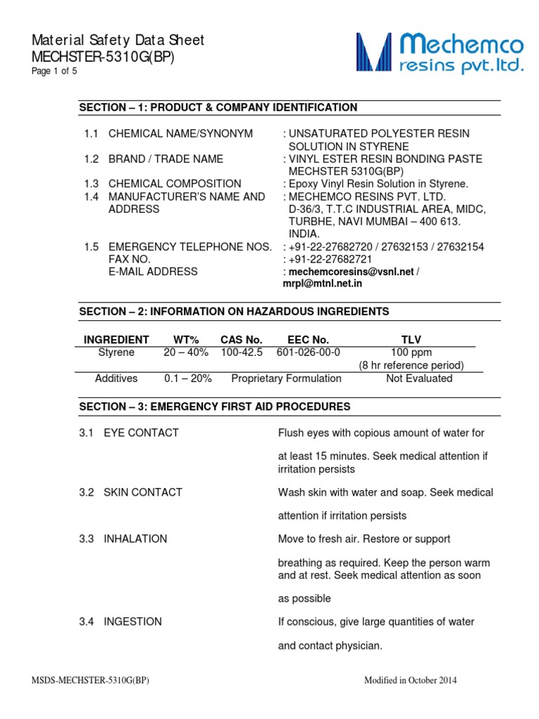 MECHSTER-5310G(BP) Safety Data Sheet | PDF | Fires | Combustion