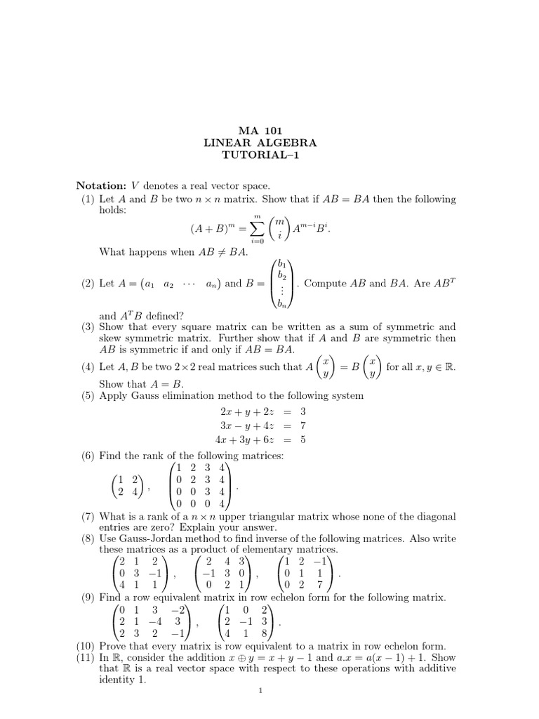 Tut 1 2019 | PDF | Linear Subspace | Matrix (Mathematics)