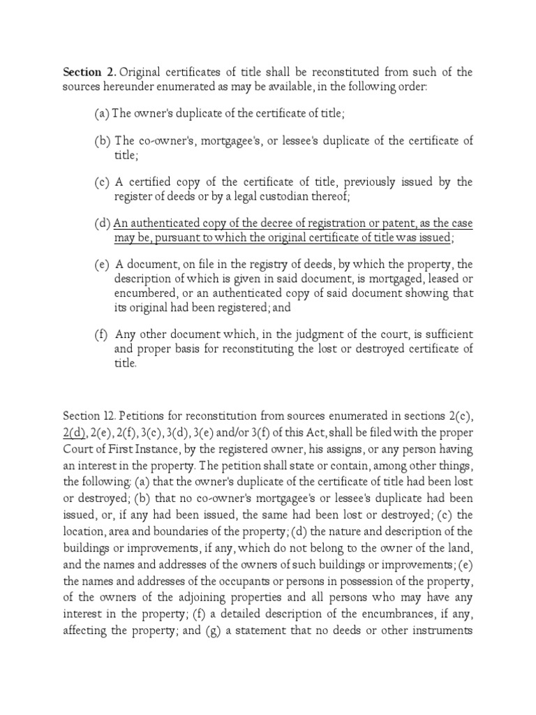 Section 2. Original Certificates of Title Shall Be Reconstituted From ...