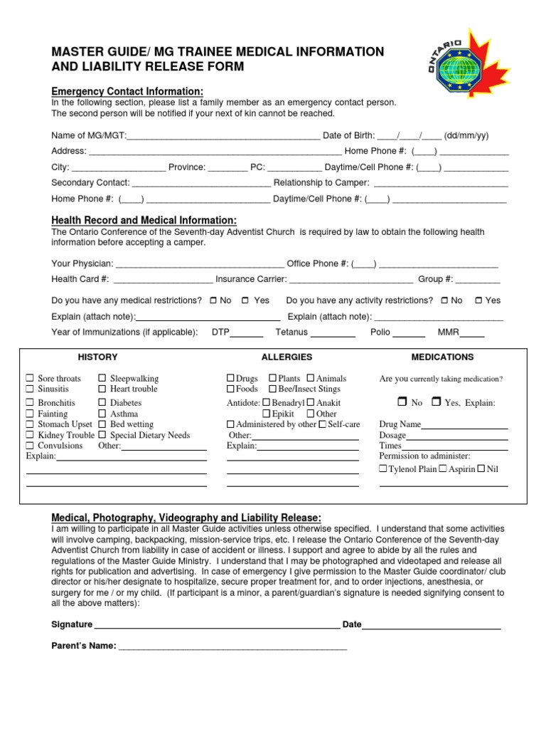 Master Guide/ MG Trainee Medical Information and Liability Release Form ...