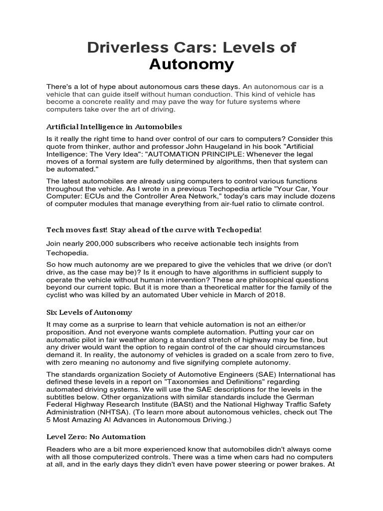 Driverless Cars: Levels Of: Autonomy | PDF | Waymo | Automation