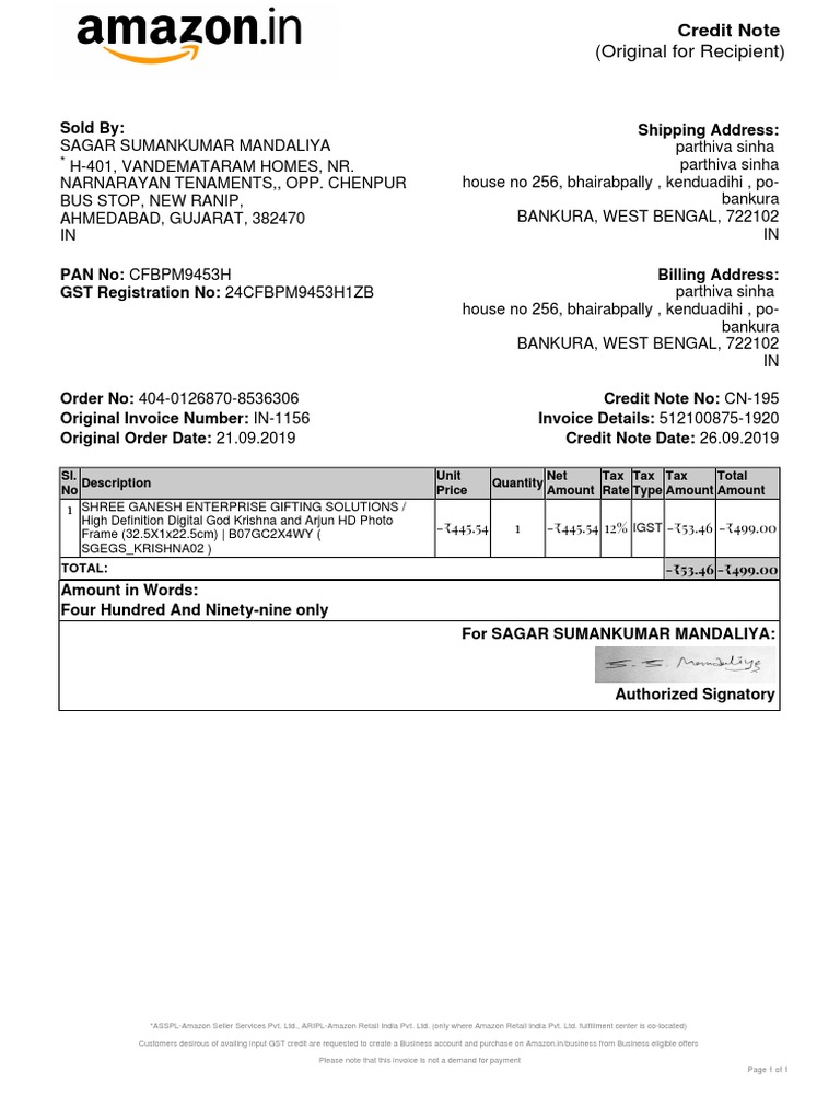 (Original For Recipient) : Credit Note | PDF | Invoice | Value Added Tax
