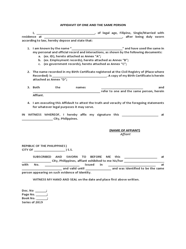 Affidavit - One and The Same Person | PDF