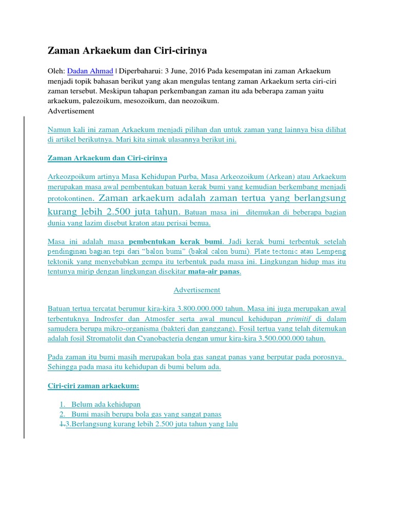 Zaman Arkaekum Dan Ciri | PDF