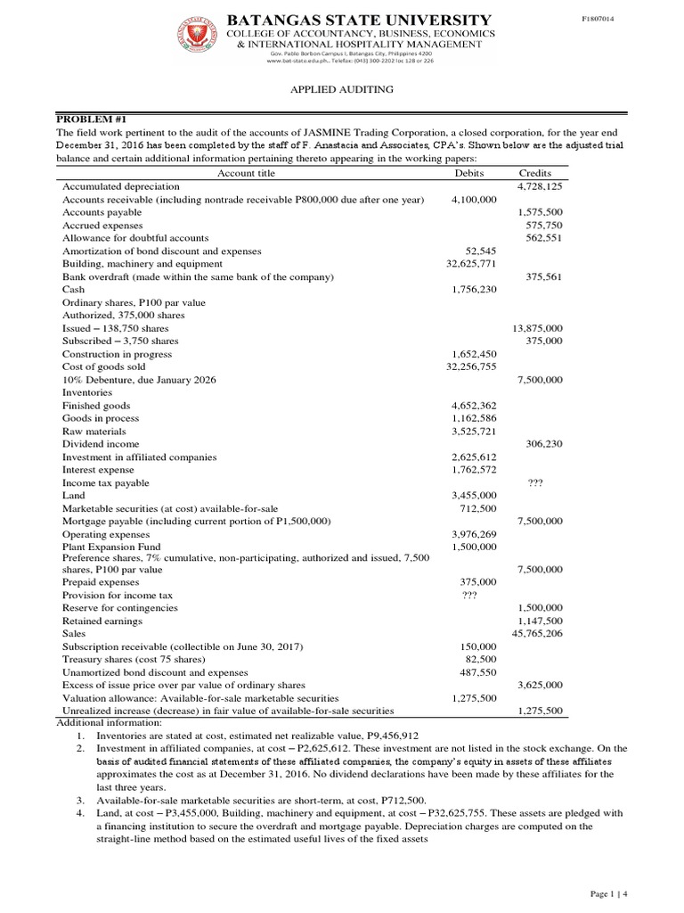 Applied Auditing - Exercises | PDF | Debits And Credits | Expense