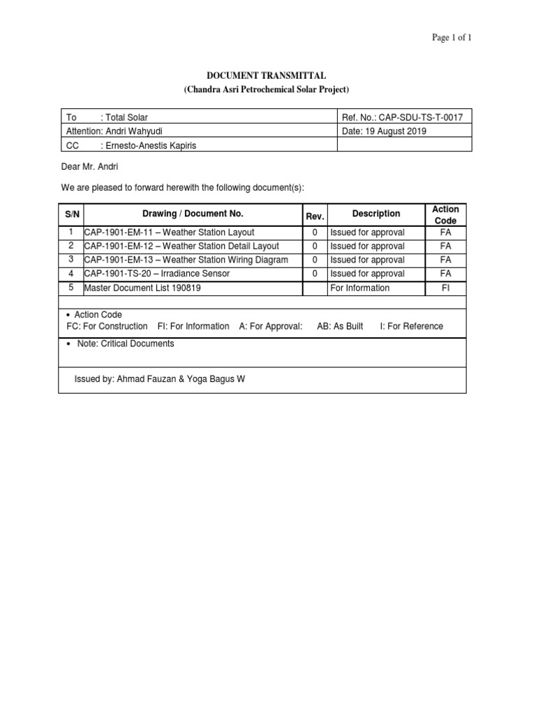 Chandra Asri Solar Project Document Transmittal | PDF | Technology ...