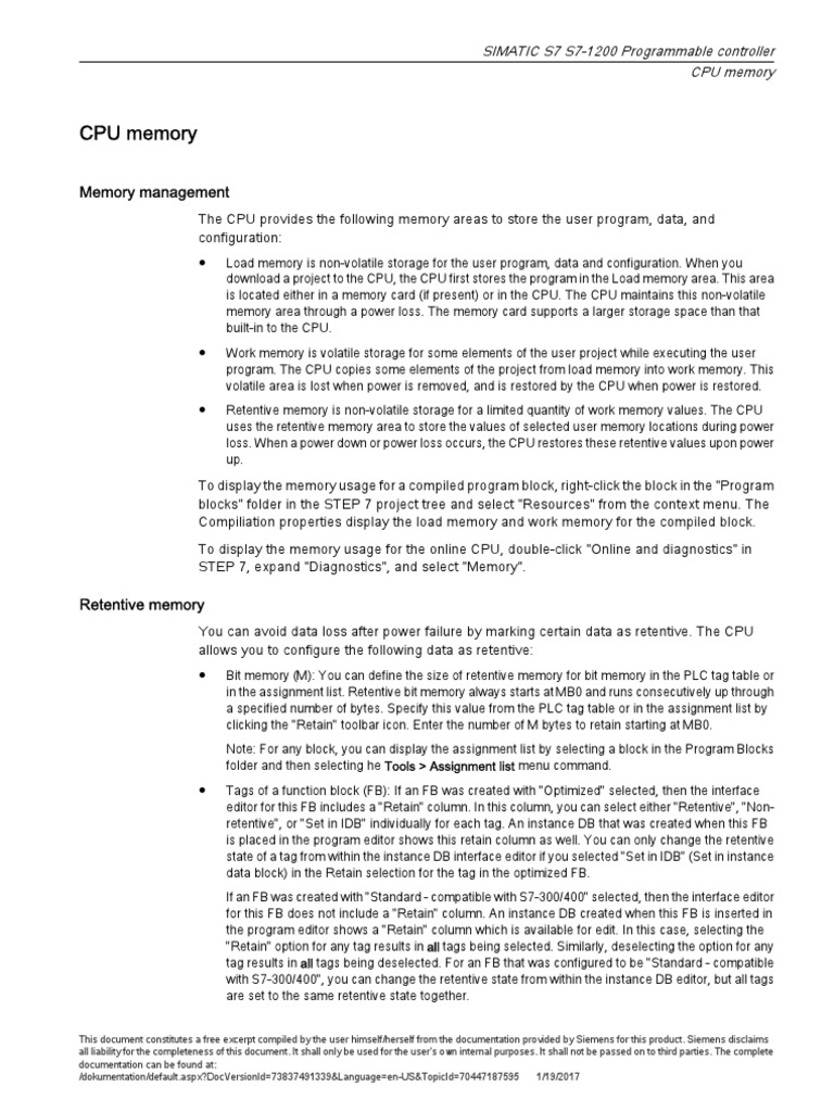 SIMATIC S7 S7-1200 Programmable Controller - CPU Memory | PDF | Computer Data Storage | Computer ...