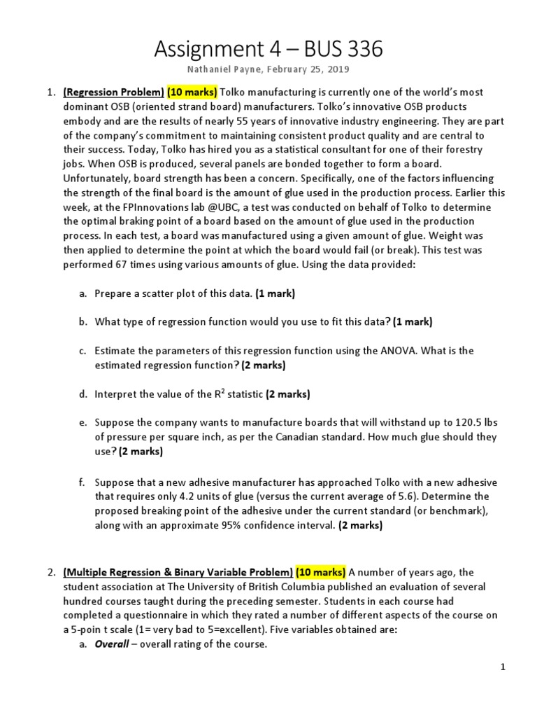 Assignment 4 - BUS 336 | PDF | Regression Analysis | Coefficient Of Determination