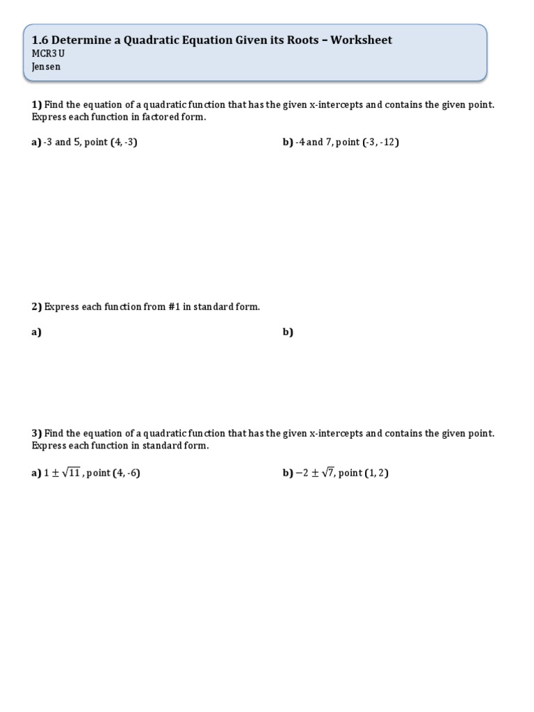 1.6 Determine A Quadratic Equation Given Its Roots - Worksheet | PDF ...