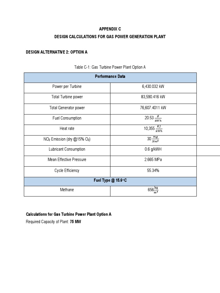 Appendix C Design Calculations For Gas Power Generation Plant Design ...