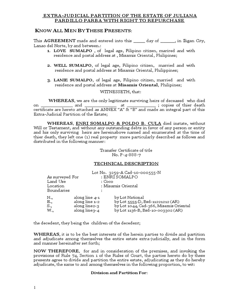 Extra Judicial Partition of Estate Sample | PDF | Property Law | Law ...