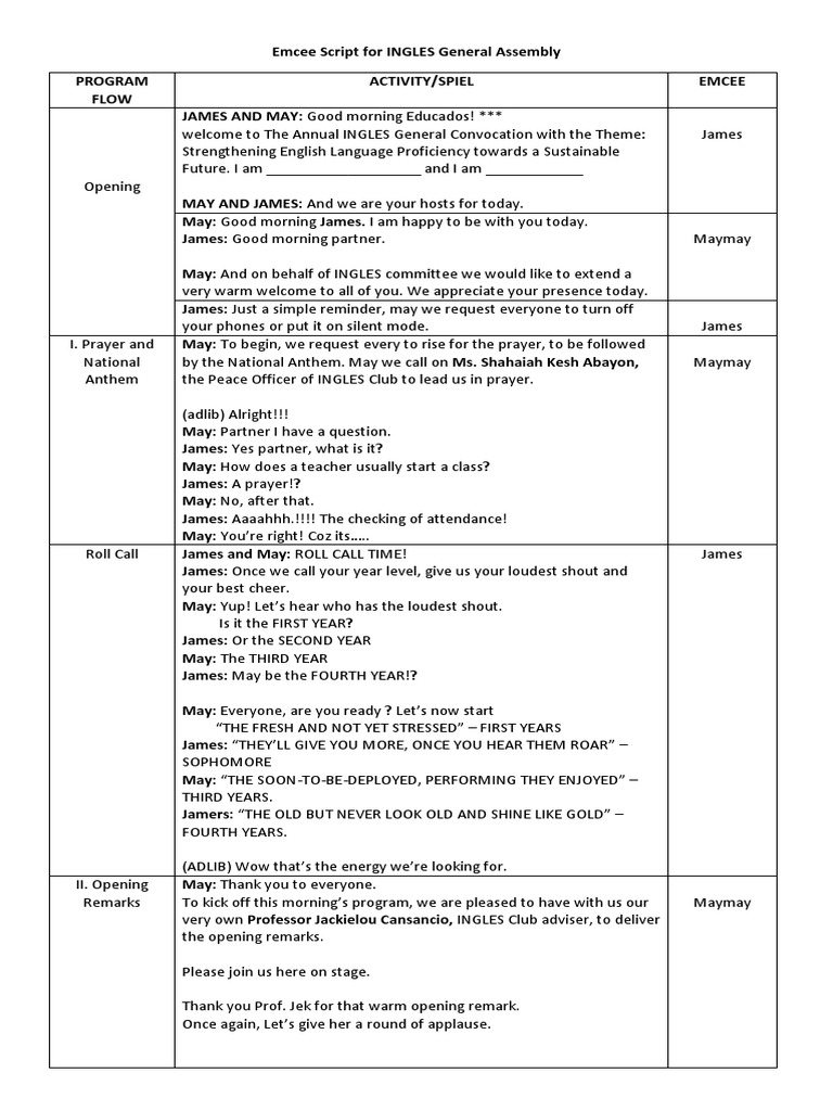 Emcee Script For INGLES General Assembly | PDF