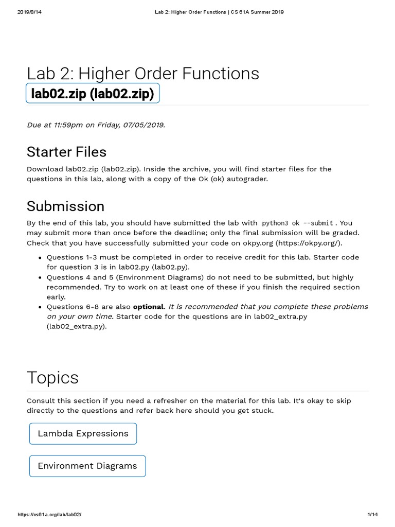 Lab 2 - Higher Order Functions - CS 61A Summer 2019 PDF | PDF ...