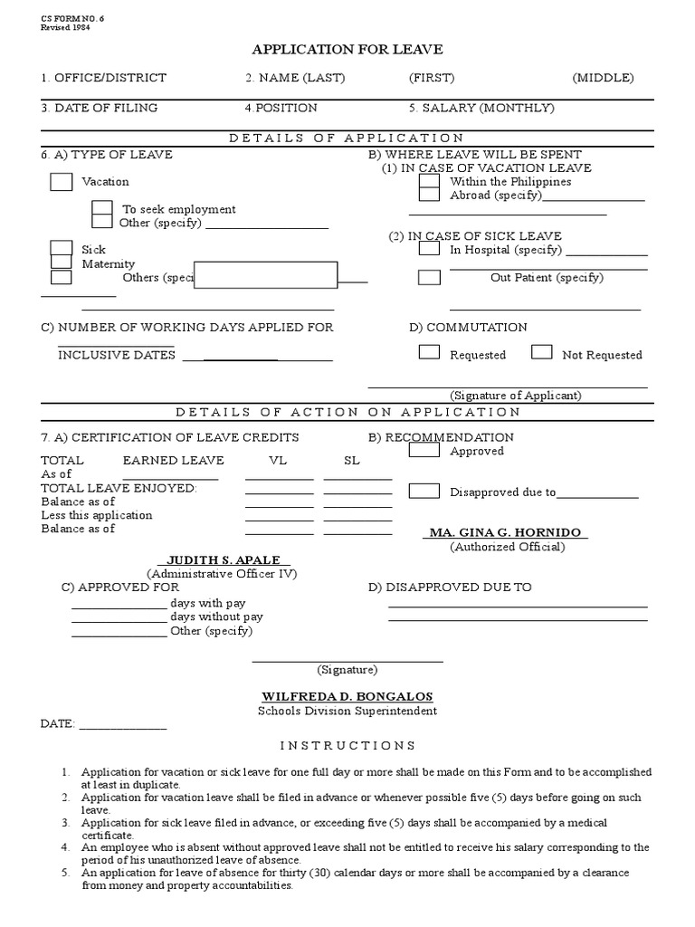 Leave Application Form CS No. 6 | PDF | Sick Leave | Employee Relations