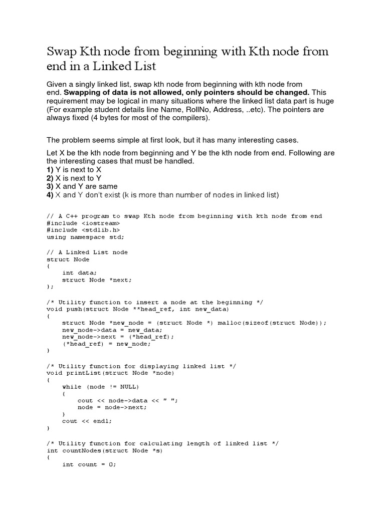 Swap KTH Node From Beginning With KTH Node From End in A Linked List | PDF | Pointer (Computer ...
