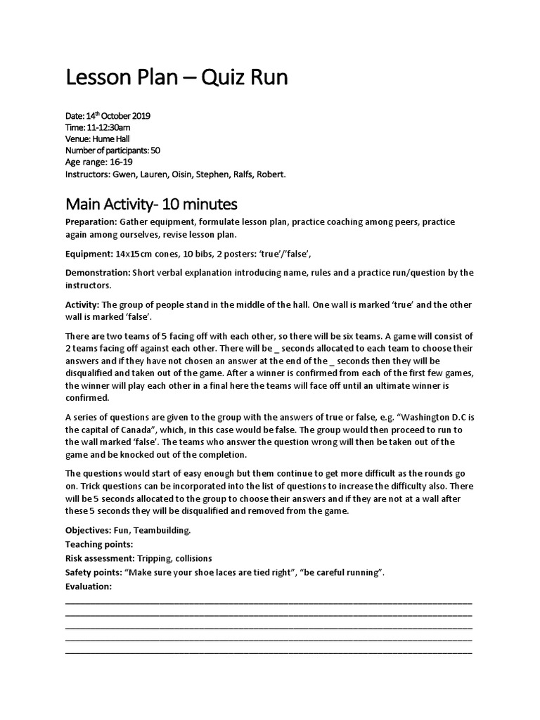 Lesson Plan - Quiz Run: Main Activity - 10 Minutes | PDF