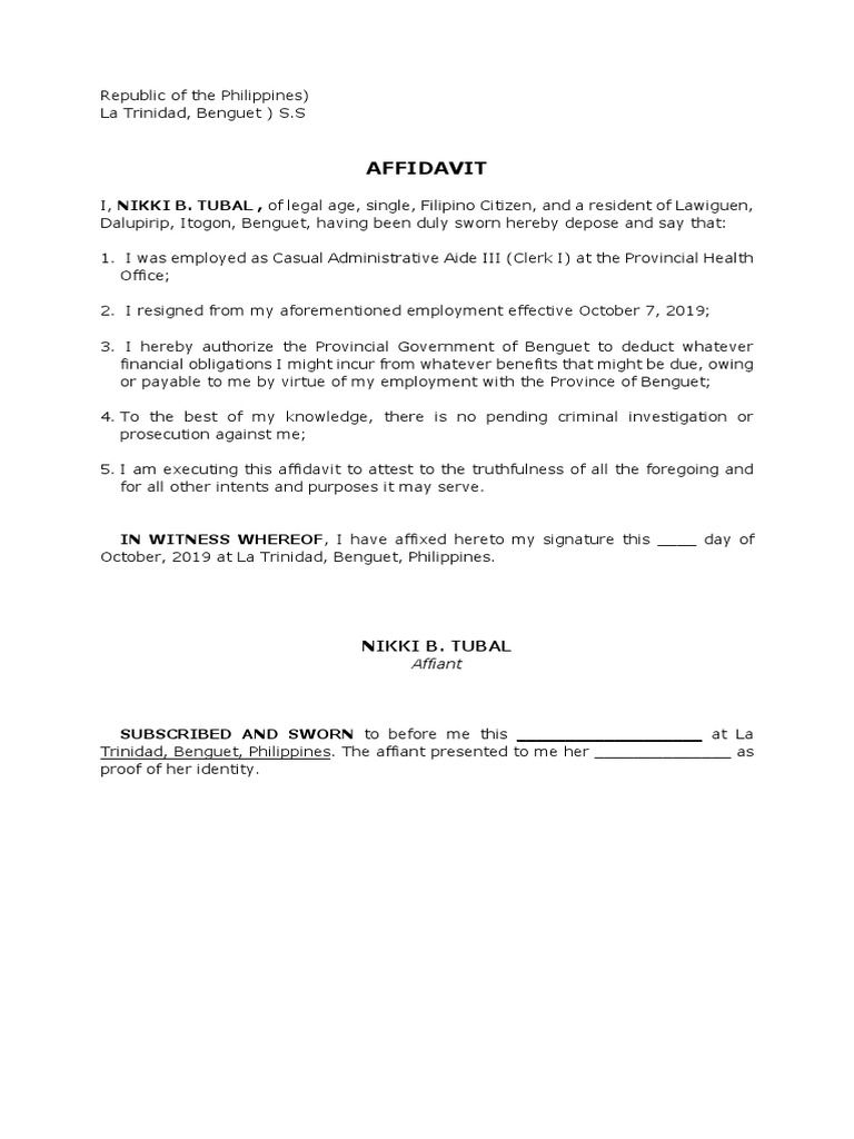Affidavit To Deduct Financial Obligations Nikki | PDF