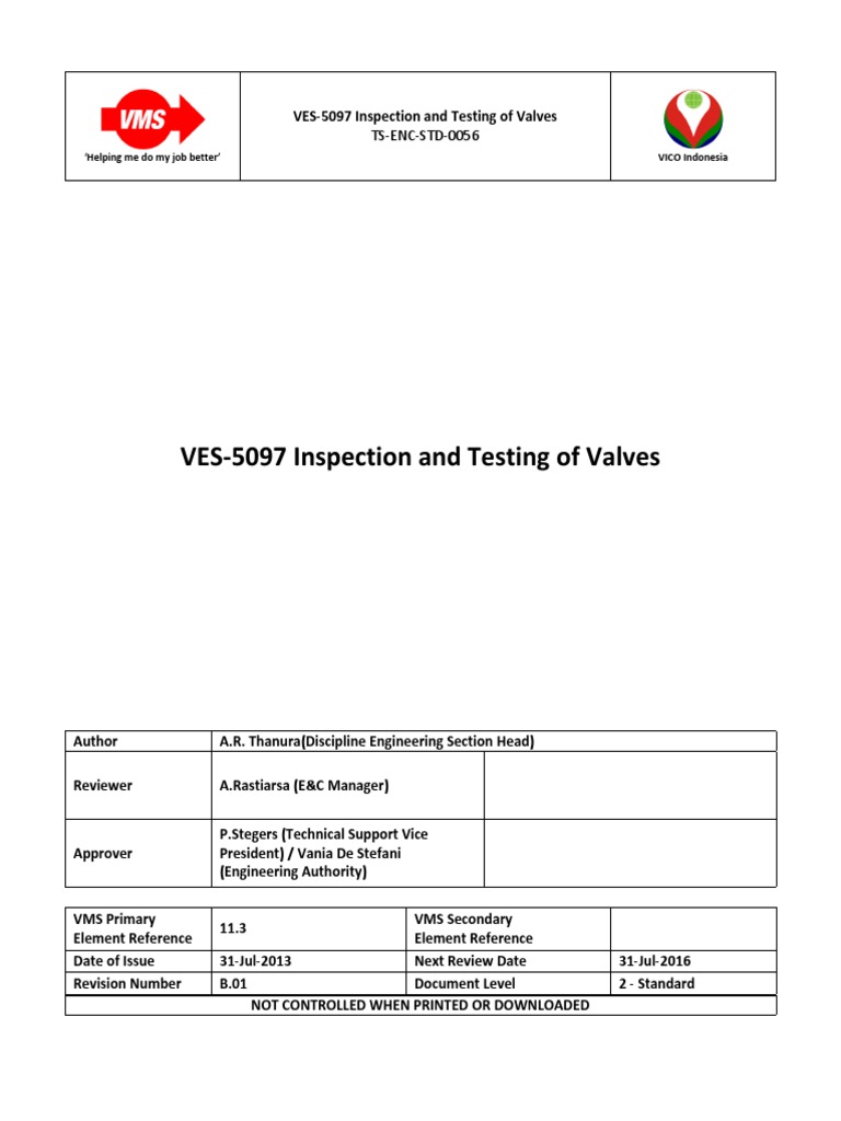 VES-5097 Inspection and Testing of Valves | PDF | Valve | Leak
