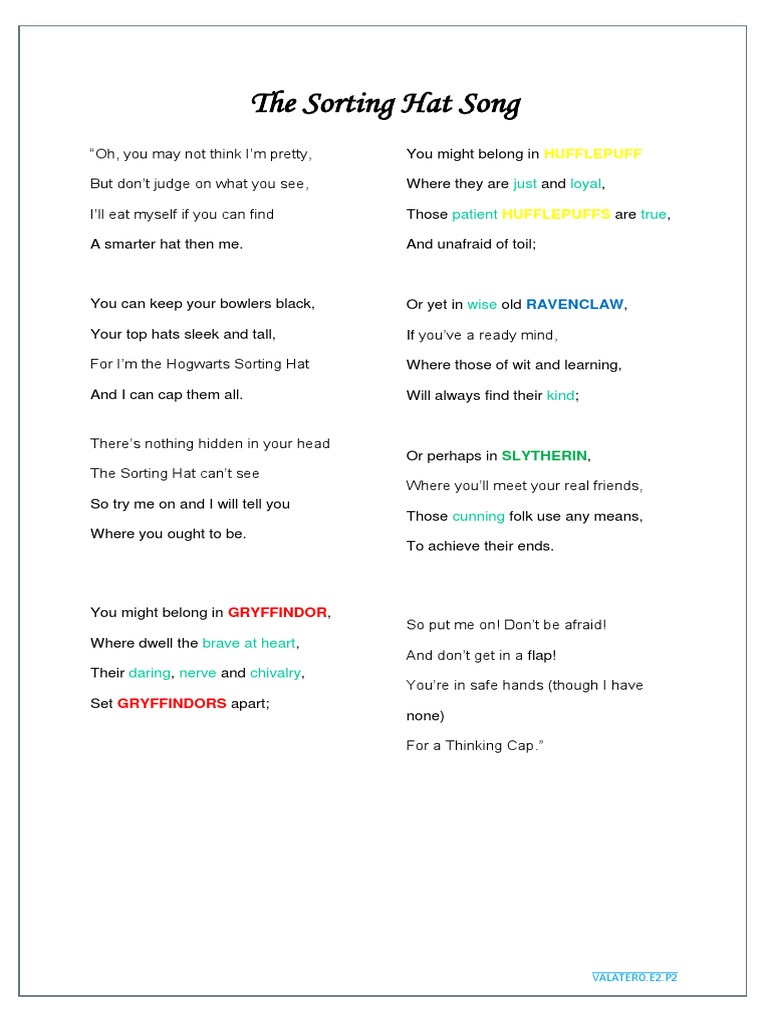 The Sorting Hat Song: Just Loyal Patient True | PDF