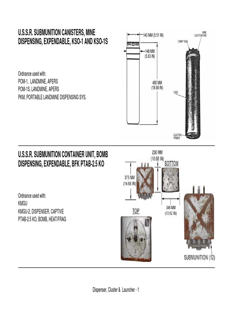 U.S.S.R. Submunition Canisters, Mine Dispensing, Expendable, Kso-1 and Kso-1S | PDF | Cluster ...