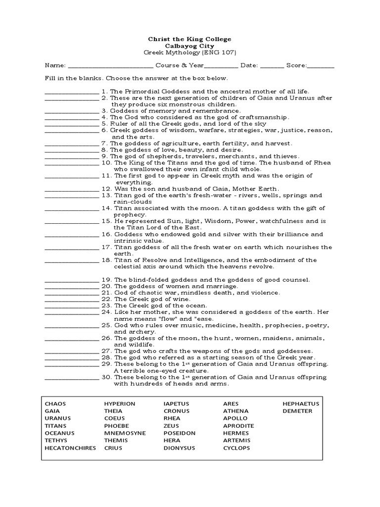 Greek Mythology Fill-in-the-Blanks | PDF | Greek Deities | Greek Mythology