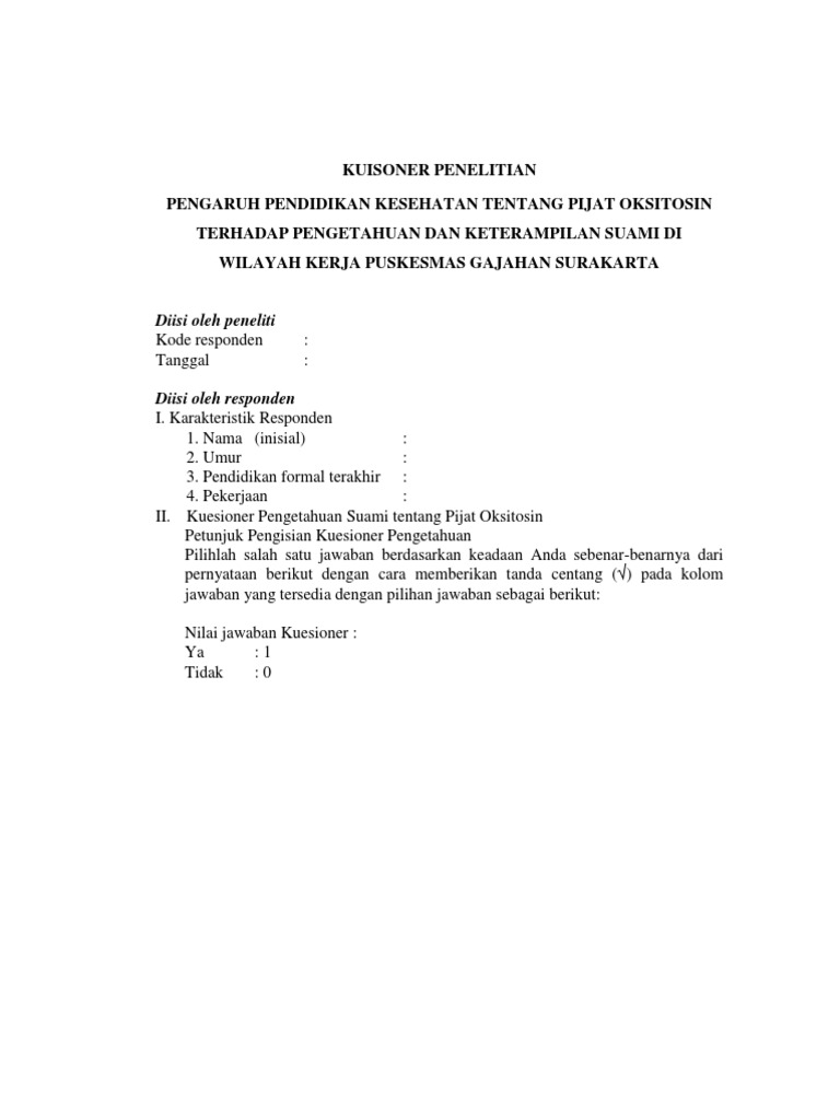 Kuesioner Pijat Oksitosin untuk Suami | PDF