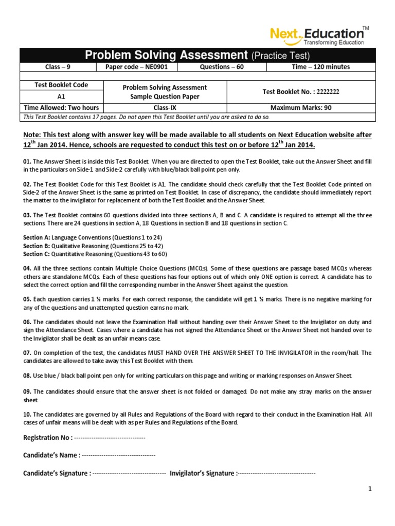 Problem Solving Assessment: (Practice Test) | PDF | Multiple Choice ...