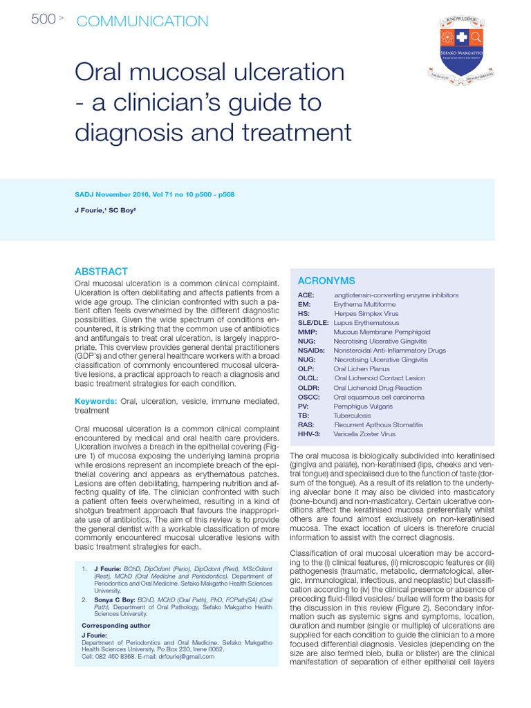 Oral Mucosal Ulceration - A Clinician's Guide To Diagnosis and ...