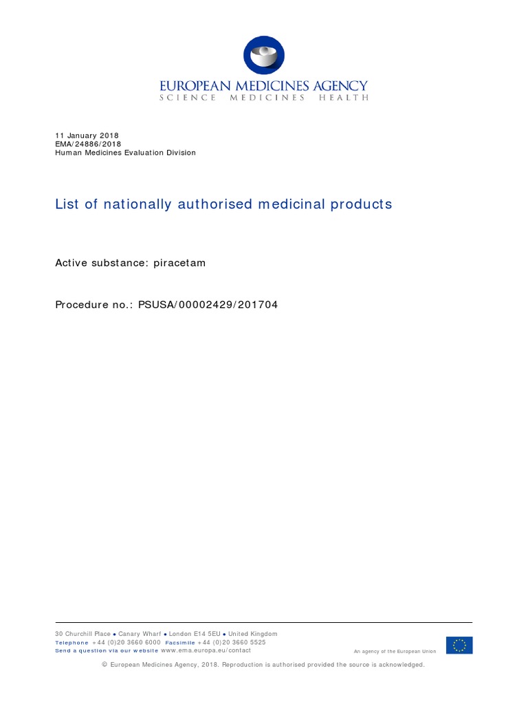 EMA List of Nationally Authorised Piracetam Products | PDF | Drugs ...