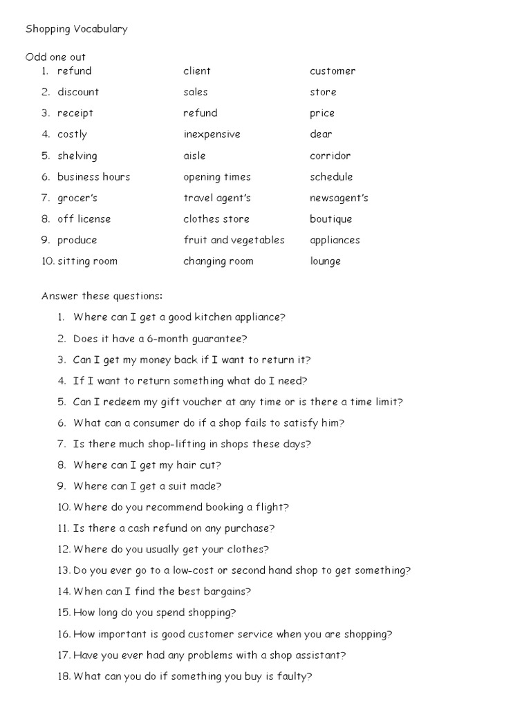 Shopping Vocabulary | PDF | Retail | Retailing