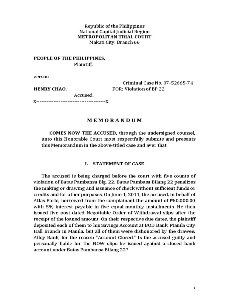 Metropolitan Trial Court: Memorandum | PDF | Negotiable Instrument | Cheque
