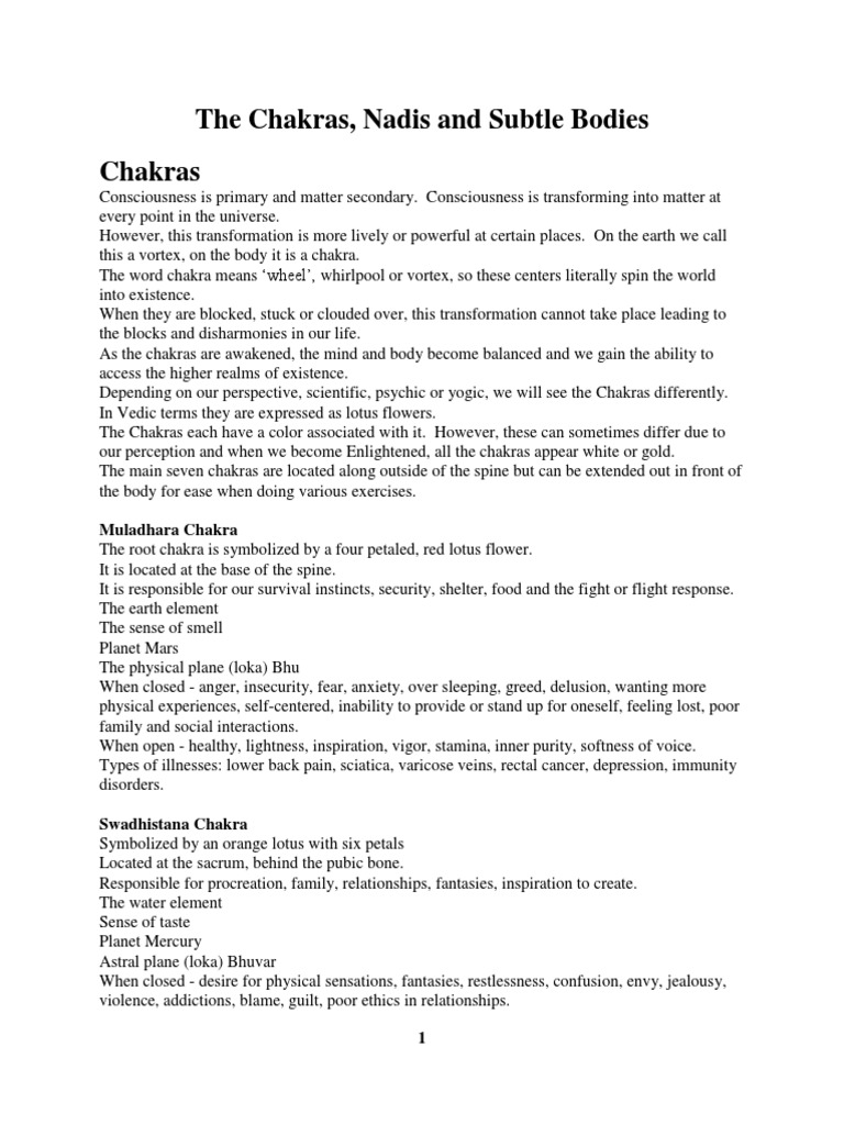 The Chakras Nadis Subtle Bodies Summary | PDF | Prana | Chakra