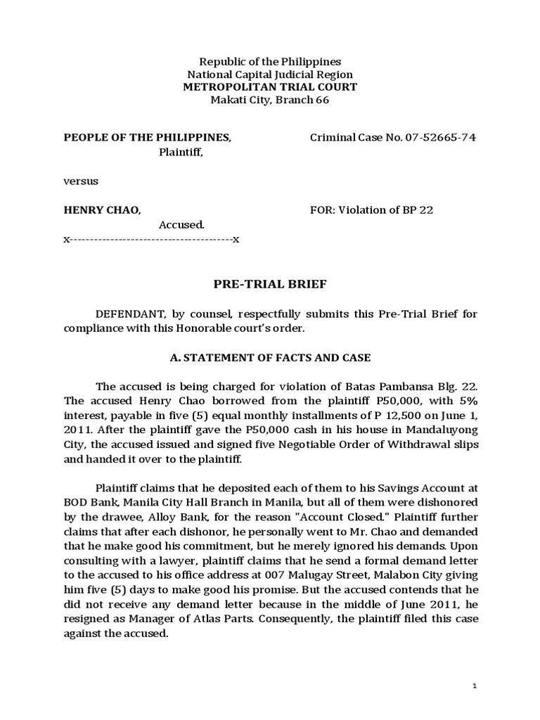 Pre Trial Brief | PDF | Negotiable Instrument | Cheque