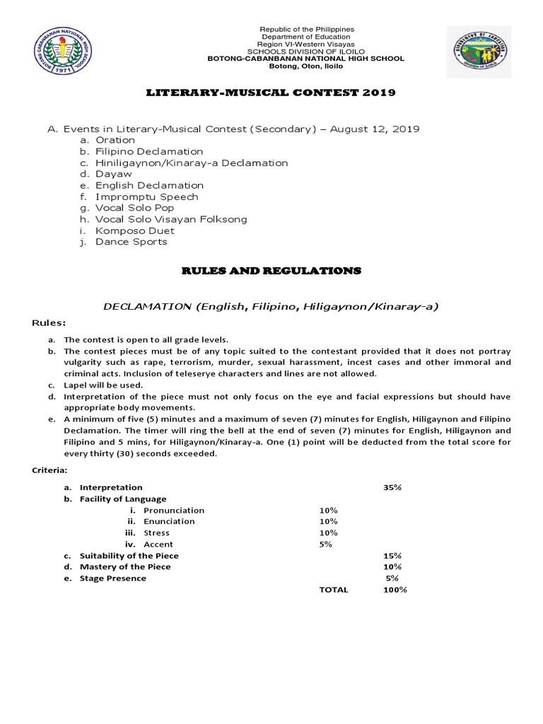 Literary-Musical Contest 2019: Rules and Regulations | PDF | Singing ...
