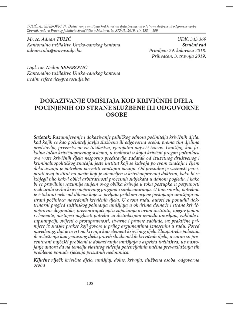 Dokazivanje Umišljaja Kod Krivičnih Djela | PDF