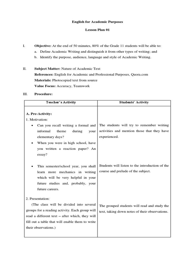 Academic Writing Lesson Plan | PDF | Writers | Lesson Plan