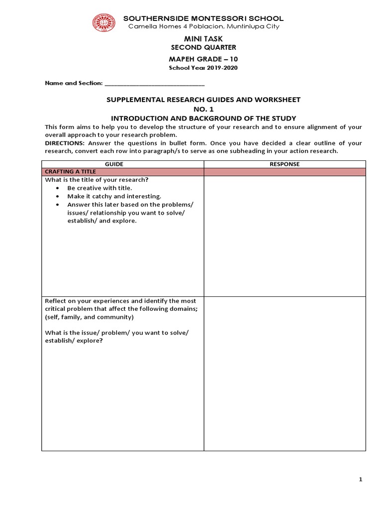 Supplemental Research Guides and Worksheet NO. 1 Introduction and Background of The Study | PDF ...