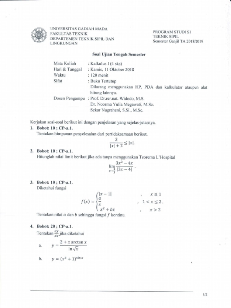 Soal UTS Kalkulus I Teknik Sipil 2018 2019 PDF | PDF