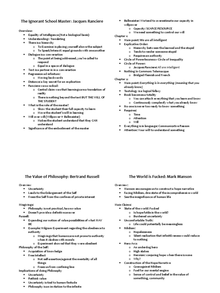 The Ignorant School Master: Jacques Ranciere: Overview: Explicative ...