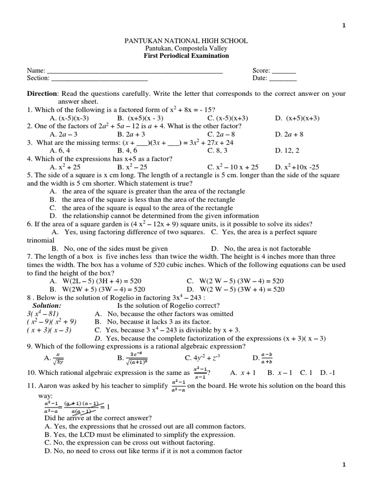 Grade 8-First Periodic Exam 2016-2017 | PDF | Line (Geometry ...