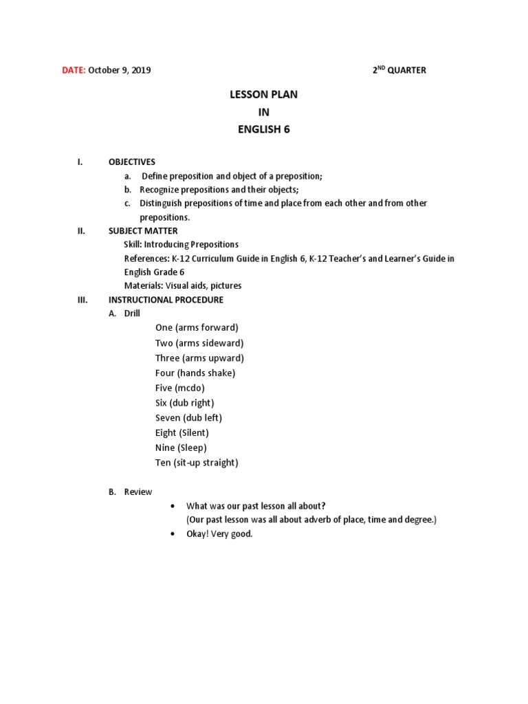 Lesson Plan in English VI | PDF | Preposition And Postposition ...