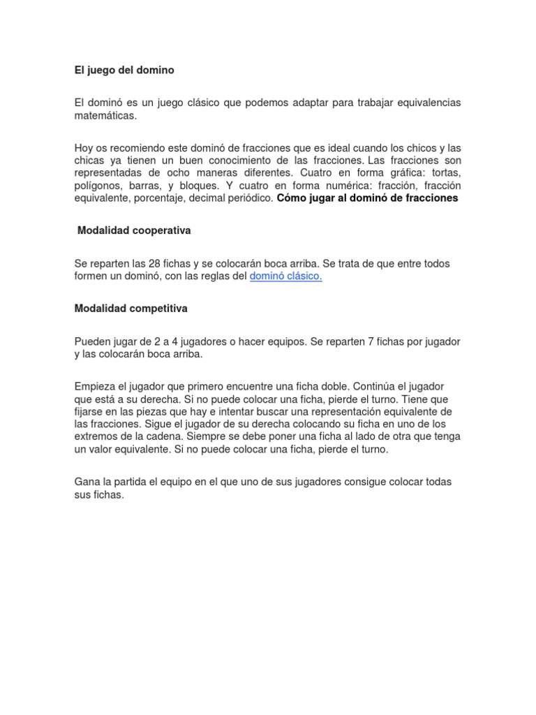 Dominó de Fracciones: Reglas y Juego | PDF